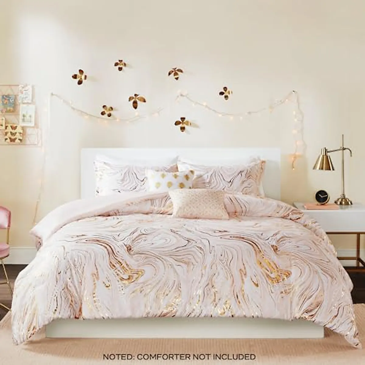 Intelligent Design Duvet Cover Queen Bedding Sets Chic Modern Metallic Swirl Marble Abstract Print Microfiber Bedding Queen Size Duvet Cover Set, Throw Pillows Rebecca, Full/Queen Blush/Gold 5 Piece