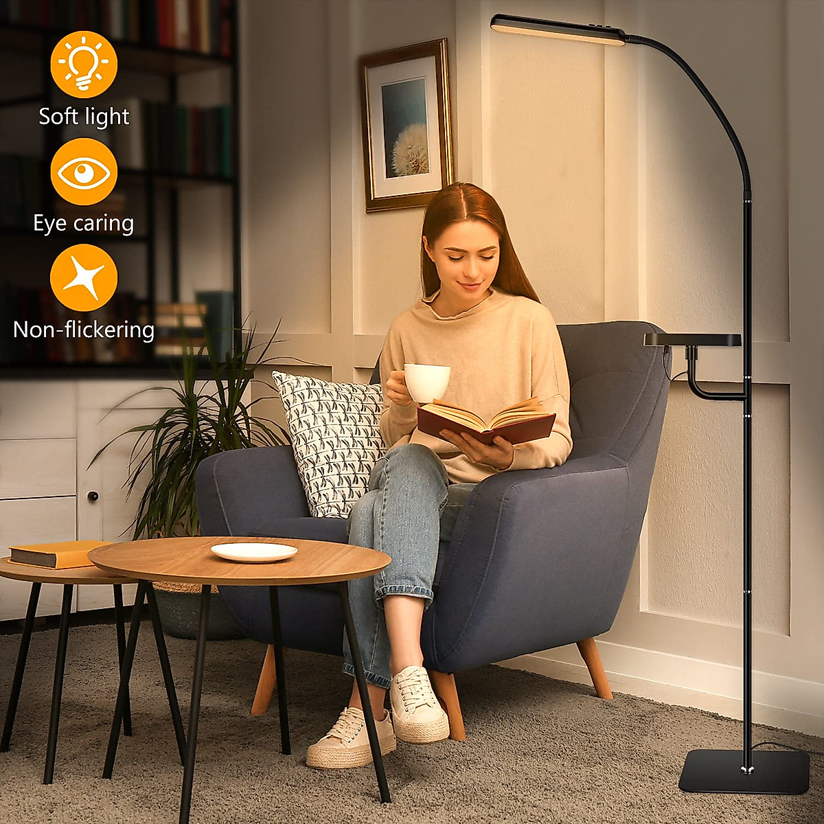 GMK Smart LED Floor Lamp, 12W Bright Standing Lamp with Wireless Charger, Stepless Adjustable 2700-6500K Modern Floor Lamp, Reading Floor Lamp with Remote & Voice Control for Living Room, Bedroom