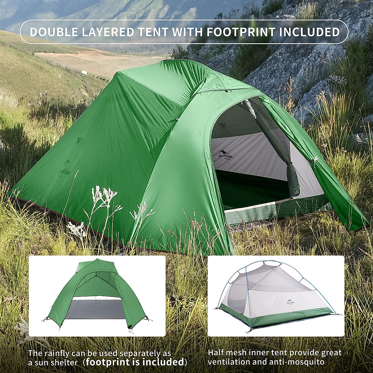 Naturehike Cloud-Up 3 Person Tent Lightweight Backpacking Tent with Footprint - 3 Season Free Standing Dome Camping Hiking Waterproof Backpack Tents