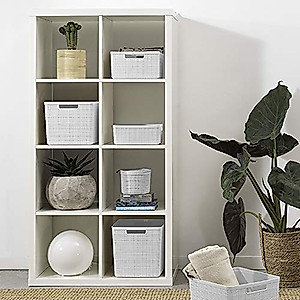 Curver Set of 4 Jute Large Decorative Plastic Organization and Storage Baskets Perfect Bins for Home Office,White, 4 & Set of 8 Jute Half Medium Decorative Plastic Organization Grey, 8 Count