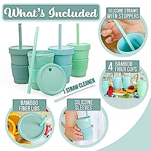 Bamboo Kids Smoothie Cups With Tight Sealing Lids and Silicone Straws With Stoppers - Spill Preventive Cups for Kids - 10 Ounces Set of 4