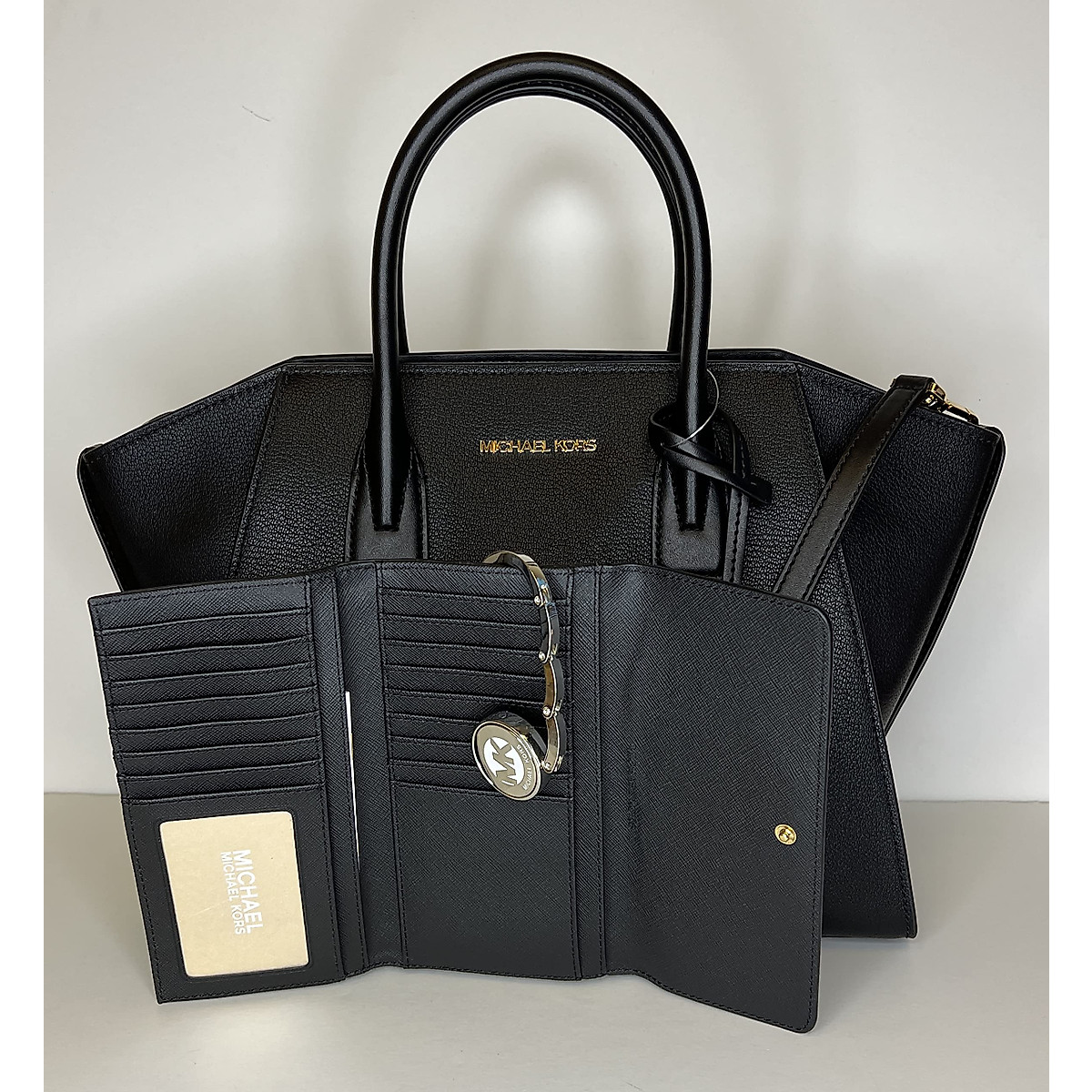 Michael Kors MICHAEL Michael Kors Avril Large Top-Zip Satchel bundled with Trifold Wallet Purse Hook (Black)