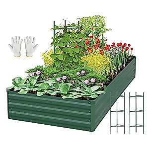 SONFILY Raised Garden Bed Outdoor,Raised Garden Bed for Gardening Garden Boxes Outdoor Metal Raised Garden Beds Galvanized Outdoor,6x3x1ft Green with 2 Packs Plant Support and 1 Pack Glove.