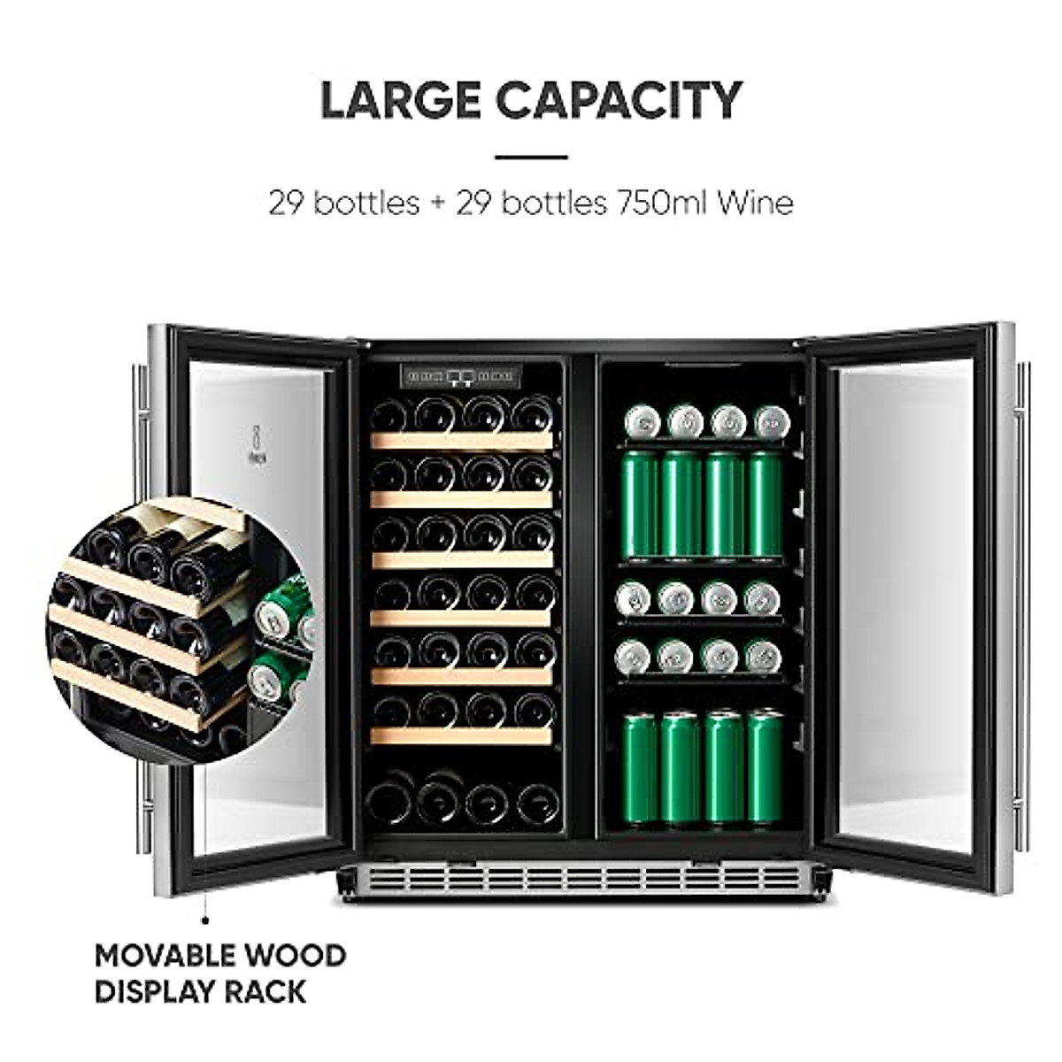 ICEJUNGLE Wine and Beverage Refrigerator-68 Bottle Wine Cooler- Dual Zone, Stainless Steel, Built-In/Freestanding, Adjustable Shelves & Digital Temperature Display, Low-Noise - 30 Inch