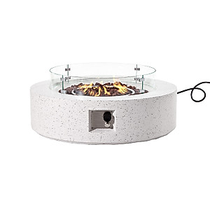 HOMPUS Propane Patio Fire Pit Table with Wind Guard, Lava Rocks and Rain Cover for Outdoor Leisure Party, 50,000 BTU 42-inch Round White Sandstone Concrete Fire Table