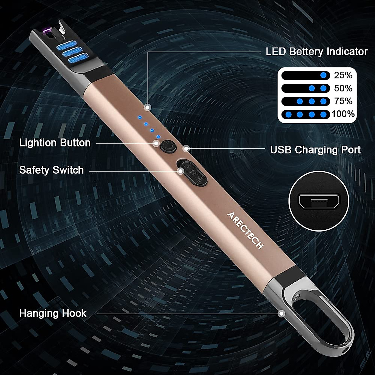 ARECTECH Electric Candle Lighter Rechargeable USB Long Gill Lighter for Candle Cooking Camping BBQs Fireworks Champagne Gold