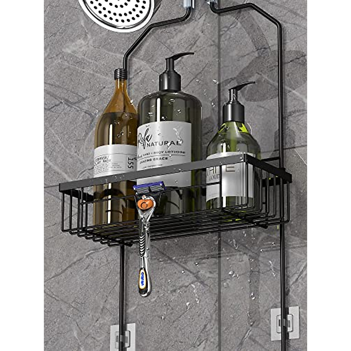 Elbourn Shower Caddy Over Shower Head, Bathroom Hanging Shower Organizer with Hooks, SUS201 Stainless Steel Shower Storage Rack 3 Shelves for Shampoo, Soap and Razor - Black