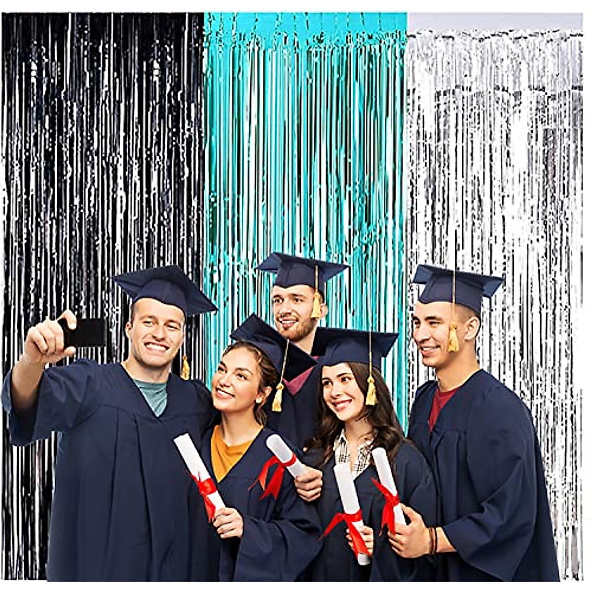 Graduation Decorations 2023 Turquoise Black Silver Foil Fringe Curtains for 2023 Turquoise Graduation Party Photo Backdrop/Women Birthday Decorations