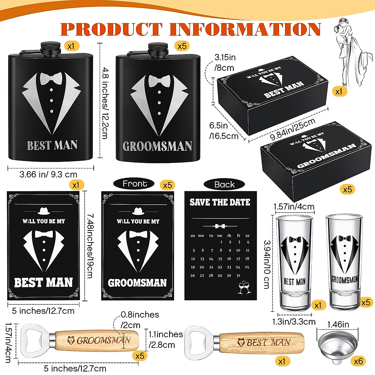 Yaomiao 30 Pcs Groomsmen Gift Wedding Gift, Including 6 Pcs 8 oz Groomsmen Flask 6 Wooden Bottle Opener 6 Party Favors Shot Glasses 6 Groomsmen Gift Boxes Empty 6 Proposal Cards Best Man Gift