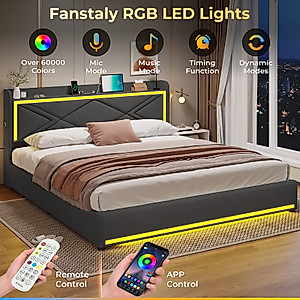 HAUOMS King Size LED Bed Frame with Storage Headboard and Charging Station, Upholstered King Platform Bed Frame with 4 Drawers, Upgraded 2-Row Support Bars, Noise Free, Dark Grey