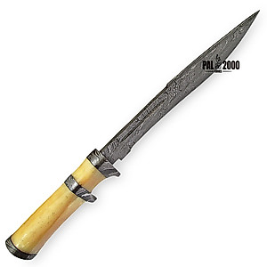 PAL 2000 KNIVES HUN-9969 Handmade Damascus Steel Fixed Blade Hunting 13 Inch Knife Camel Bone Handle