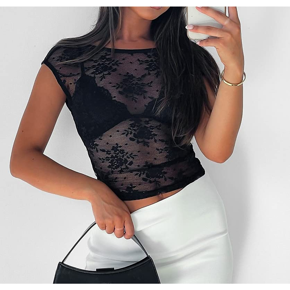 Women Summer Short Sleeve Top Y2k Floral Lace Backless Top Sexy See Through Mesh Crop Top Slim Fit Tee Going Out Tops(A2-Floral Black,S)