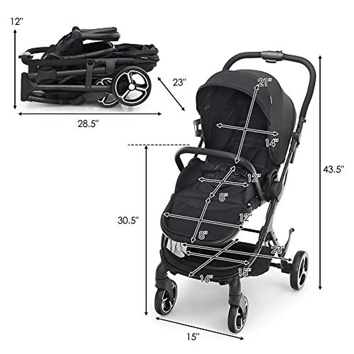 BABY JOY Baby Stroller, Front Rear Facing Toddler Carriage w/Convertible Seat, Cup Holder, 5-Point Harness, Adjustable Handle/Canopy/Backrest, Storage Basket, One-Step Brake Foldable Stroller (Black)