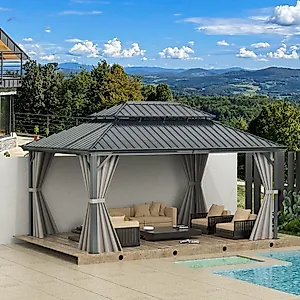 Domi 12'x16' Hardtop Gazebo Canopy,Outdoor Aluminum Gazebo with Galvanized Steel Double Roof,Permanent Gazebo with Drainage System,Curtain and Netting Included,Grey