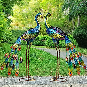Glintoper 2 Pack Solar Peacock Garden Decor, Metal Peacocks Figurine Lights, LED Solar Powered Decorative Yard Statue Art Waterproof for Landscape Patio Yard Walkway Pathway Lawn