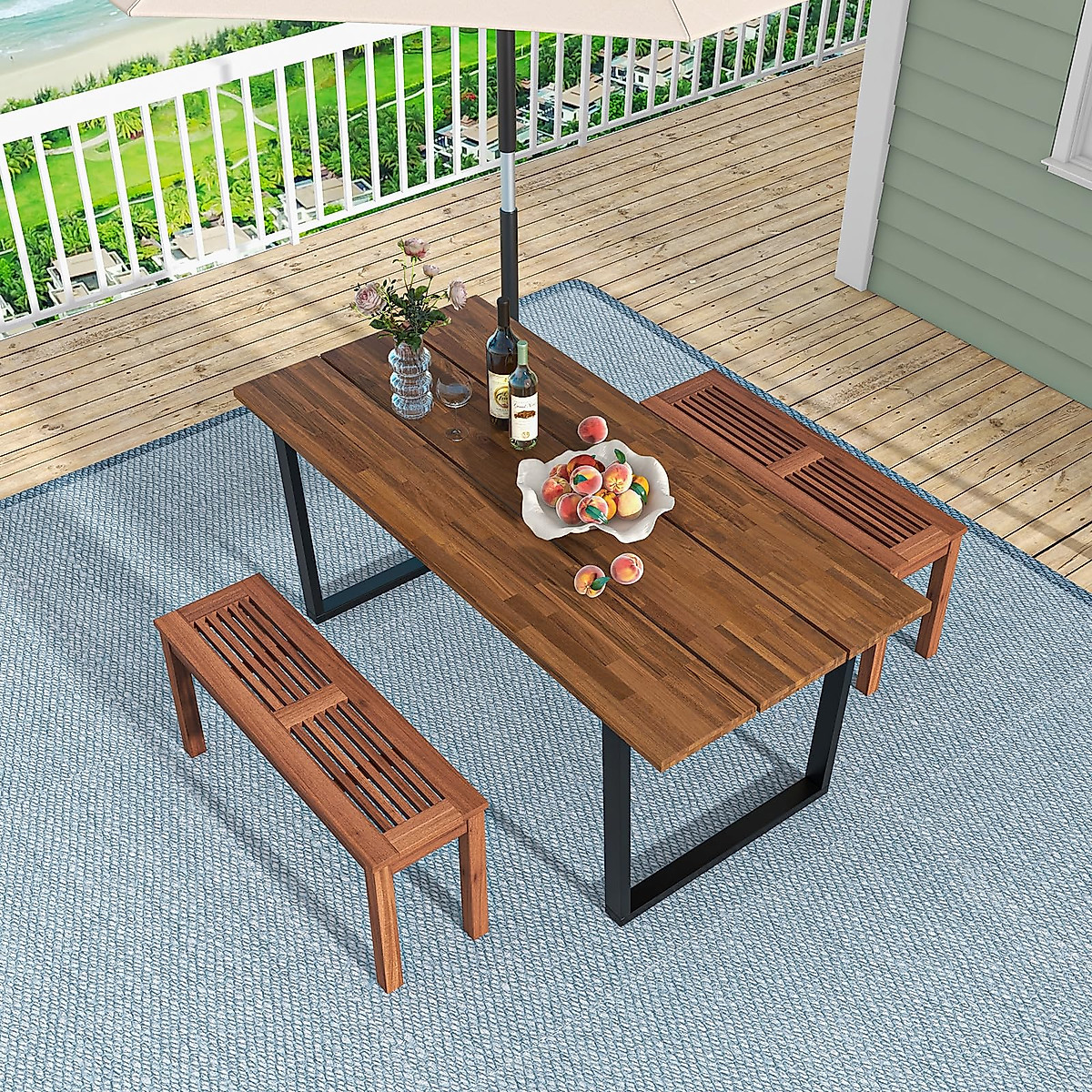 HAPPYGRILL Outdoor Backless Bench, Patio Dining Bench with Breathable Slatted Seat, 2-Seater Rustic Wood Bench for Entryway, Garden, Backyard, Deck, Natural