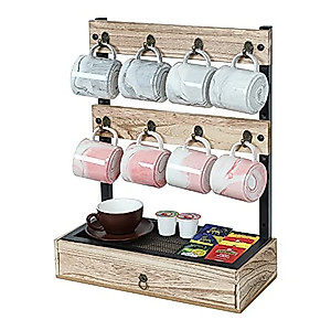 Yuzehuaza Wood Mug Cup Rack Stand with Drawer,2 Tier Countertop Coffee Mug Storage Holder for Coffee Mug Cups Display Organizer Hook,Hold 8 Mugs