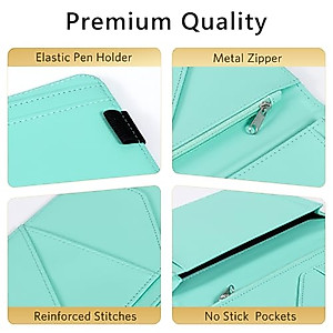 CoBak Server Book - Waitress Book Organizer with Zipper Pouch for Restaurant Waitstaff, 5 Large Pockets with Pen Holder, Mint Green.