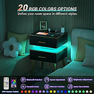 Cyclysio 28.5'' Nightstand with Charging Station, Tall Bedside Tables with Led Lights, Bed Side Table Night Stand with Drawers for Bedroom and Sofa Side, Black