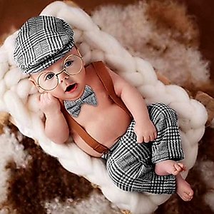 SPOKKI 4 Pcs Newborn Baby Photo Props, Lattice Rompers Suspender Pants with Beret Glasses Bow Tie for Infant Boys' Costumes, Newborn Boy Photography Outfit Set, Checked Fabric Gentleman Suit (Grey)