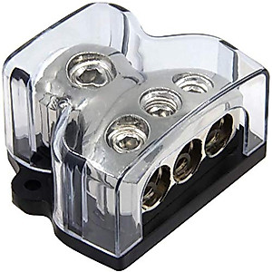 RKURCK 3 Way Power Distribution Block, 0/2/4 AWG Gauge in, 4/8/10 Gauge Out, Car Audio Stereo Amp Distribution Connecting Block for Audio Splitter (1x0GA+3x4GA) 2 Pack