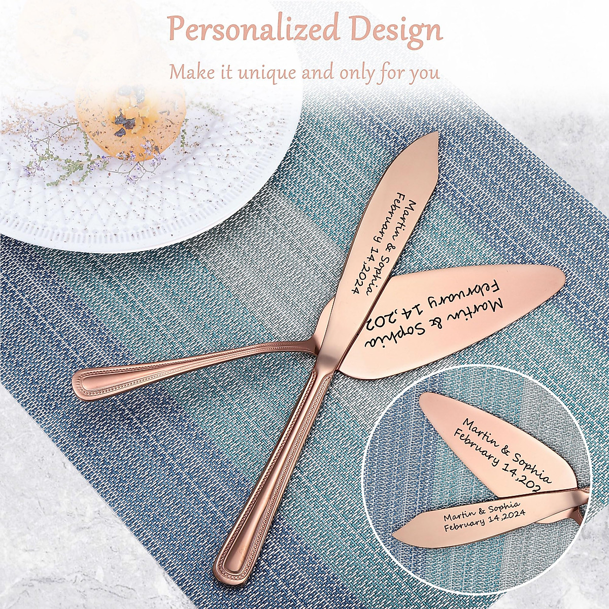 Yoption Personalized Cake Cutting Set for Wedding, Custom Stainless Steel Cake Knife and Server Set, Vintage Pie Cake Cutter Serving Set for Bridal Anniversary Birthday Graduation Gift (Rose Gold)