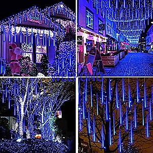 Weepong Meteor Shower Lights Outdoor Christmas Lights UL Certified Falling Rain Lights 12Inch 8Tubes Rain Drop Lights Snowfall Icicle Cascading String Lights for Xmas Holiday Tree Garden Decor Blue