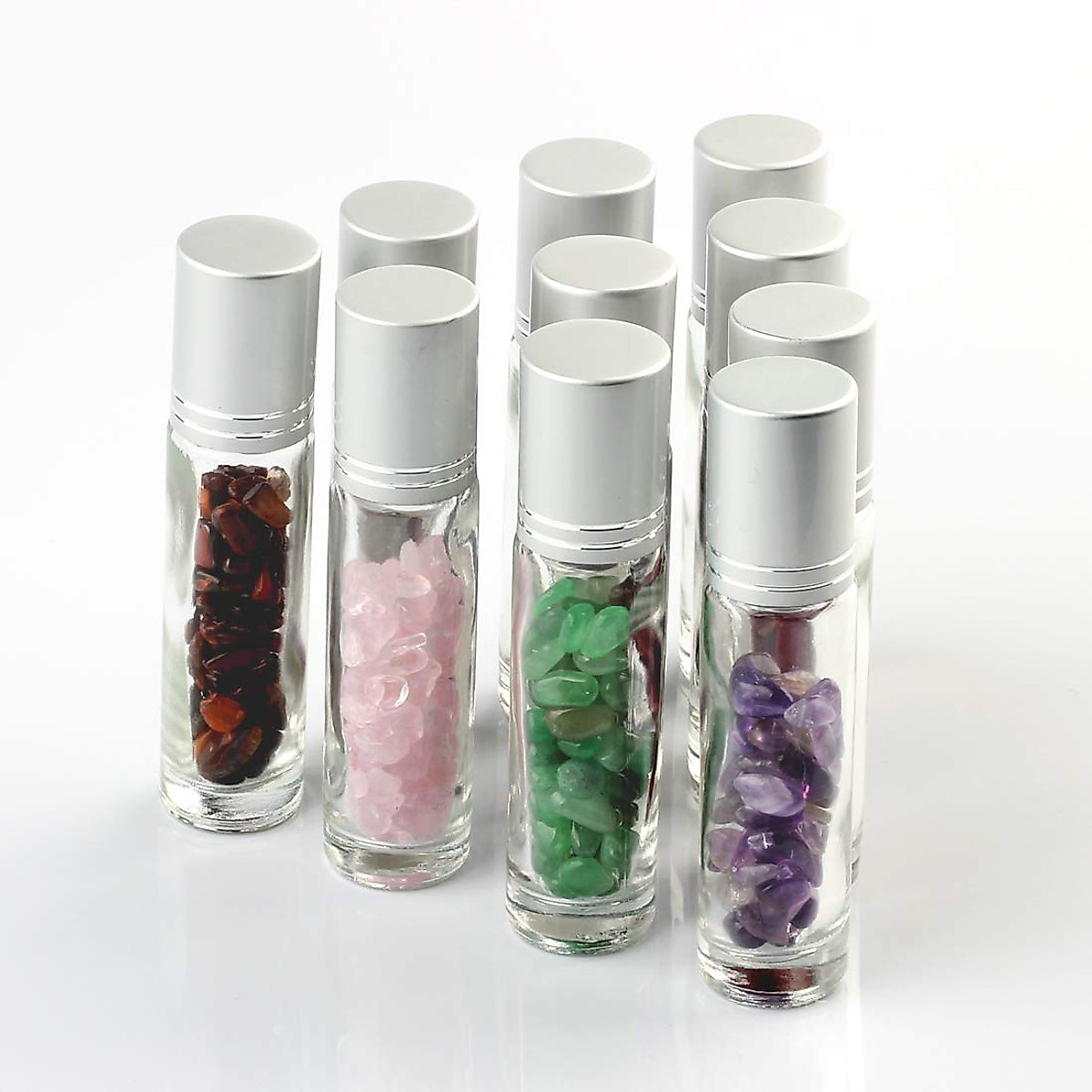 Natural Gemstones 10ML Essential Oil Roller Bottles Clear Glass Roll-on Bottles Gemstone Perfume Sample Vials with Crystal Stone Roller Balls & Healing Crystal Chips Inside 10PACK