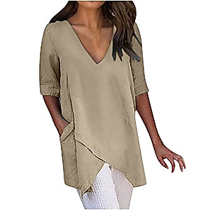 Ceboyel Womens Cotton Linen Summer Tops Irregular Hem Shirts V Neck 3/4 Sleeve Blouses Tunic Loose Fit Ladies Clothing 2023
