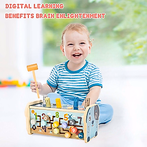 kogabanny Wooden Hammering Toy, Educational Pegs Pound Maze Puzzle Number Sorter Musical Toy with Xylophone, Hammers, Mallets, for Kids