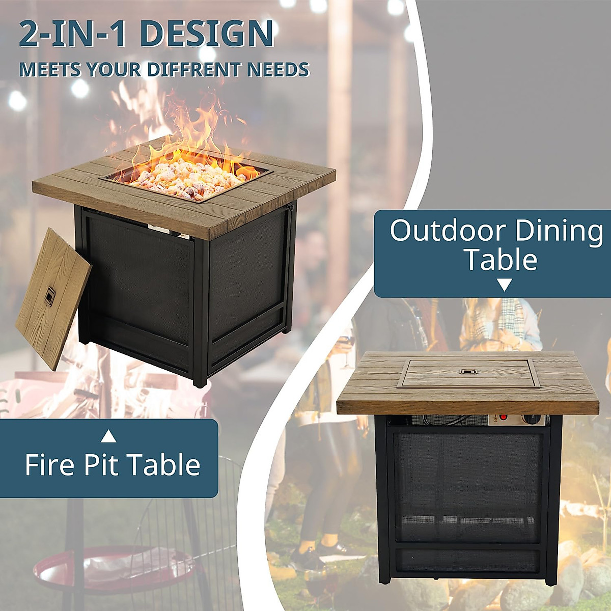 Fire Pit Table, Propane Firepit Outdoor Gas Fire Pits Clearance, 50,000 BTU with Woodgrain Tabletop, Lid, Lava Rocks for Outside Patio, Garden, Deck, Yard
