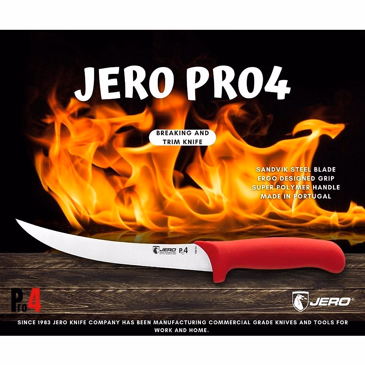 Jero Pro4 Trim and Breaking Knife - 8 Inch Blade - Sandvik Steel And Super Polymer Ergo Designed Handle - Professional Grade Butcher Knife