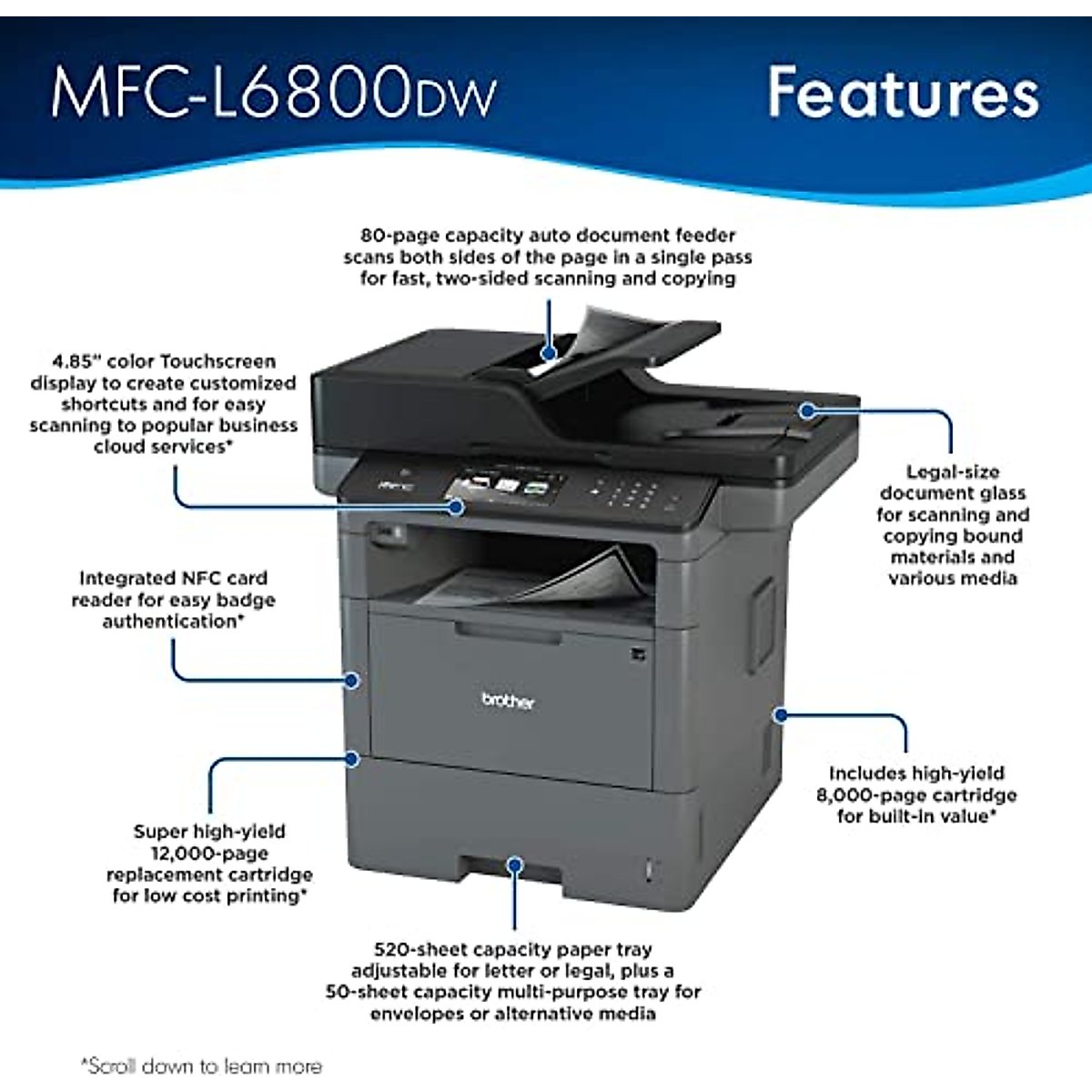 Brother MFC-L68 00DW All-in-One Wireless Monochrome Laser Printer, Print Copy Scan Fax, Multifunction, Mobile Printing & Scanning, Duplex Print, PCS