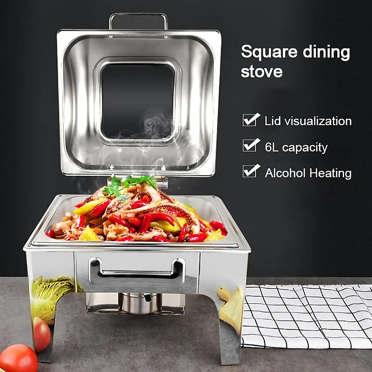 HONHPD Chafing Dish Buffet Set, 6.8 Qt Stainless Steel Complete Chafer Set Catering Warmer Set with Water Pan, Fuel Holder for Parties, Dinners, Catering, Buffet and Weddings, Silvery