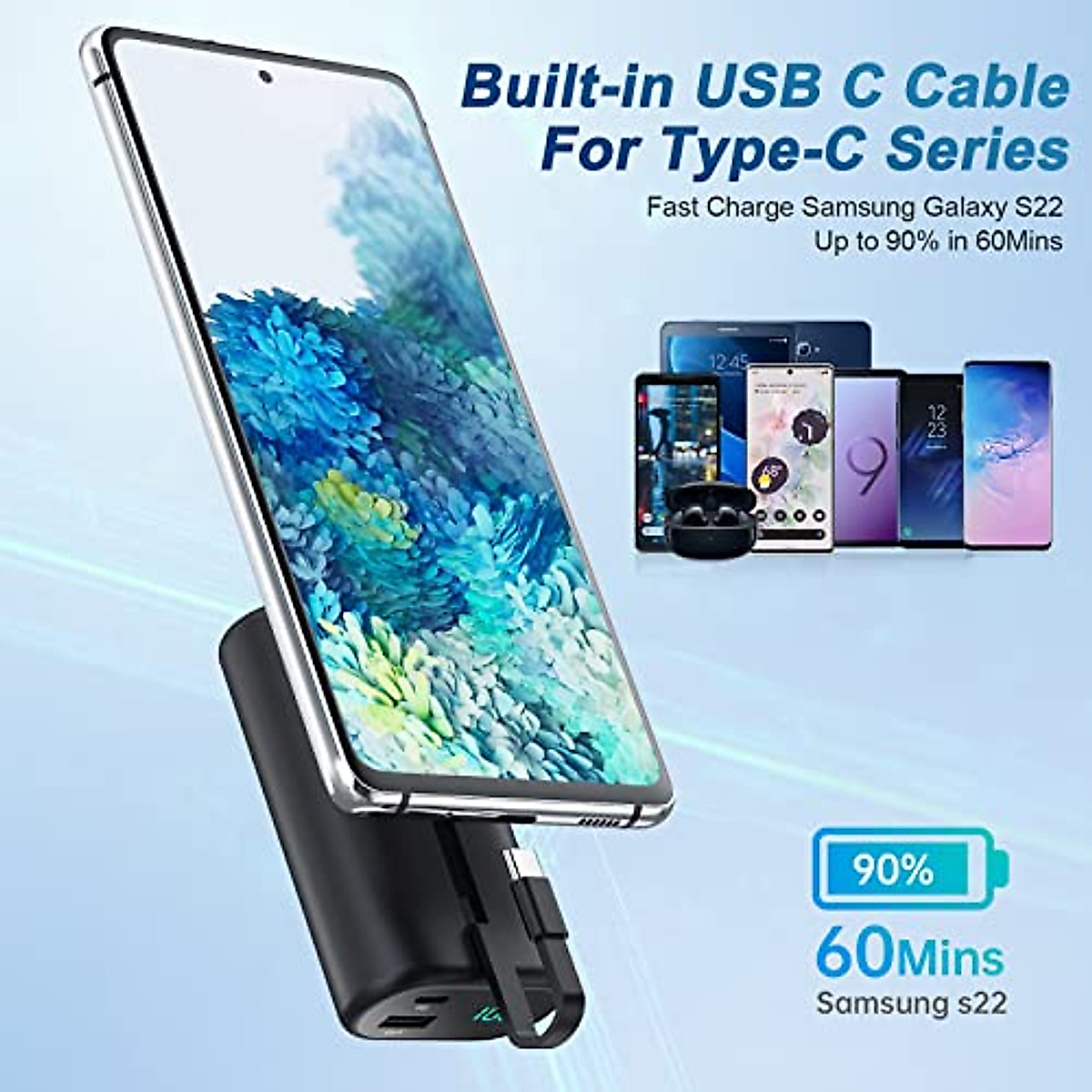 Small Portable Charger 10800mAh with Built-in USB-C Cable, Mini PD 3A Fast Phone Charging Power Bank,LCD Display Android Charger Battery Pack Compatible with Samsung Galaxy S22/S21,Note,Moto,LG