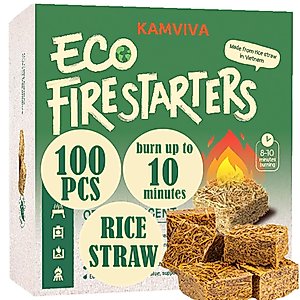 KAMVIVA Fire Starter for Fireplace, Made from Rice Straw, Burn Up to 10 Minutes, 100 Squares Natural Firestarter for Charcoal, Chimney, Pellet, Fatwood, BBQ Grill, Camping, Wood Stove, Tumbleweed