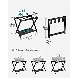 SONGMICS Luggage Rack for Guest Room, Suitcase Stand with Storage Shelf, Steel Frame, Foldable for Easy Storage, Hotel, Bedroom, Black URLR003B01