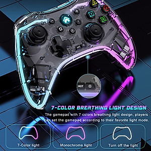 Joso Mobile Gaming Controller for iPhone/Android/PC/PS4 with RGB, Wireless Switch Controller with 6-Axis Gyro/Dual Vibration/Customized Buttons/Turbo, Transparent Mobile Gamepad with Phone Holder
