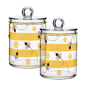 Bee Honey Stripe 2 Pack Qtip Holder Organizer Dispenser Plastic Bathroom Jars Storage Containers with Lids Clear Bathroom Organizer Dispenser for Hair Accessories