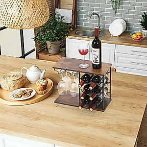 YBING Wine Rack Countertop Wine Holder Stand for 6 Wine Bottles and 4 Glasses Tabletop Small Wine Holder Wooden Wine Bottle Organizer for Kitchen, Bar, Wine Cellar, Cabinet (Brown)