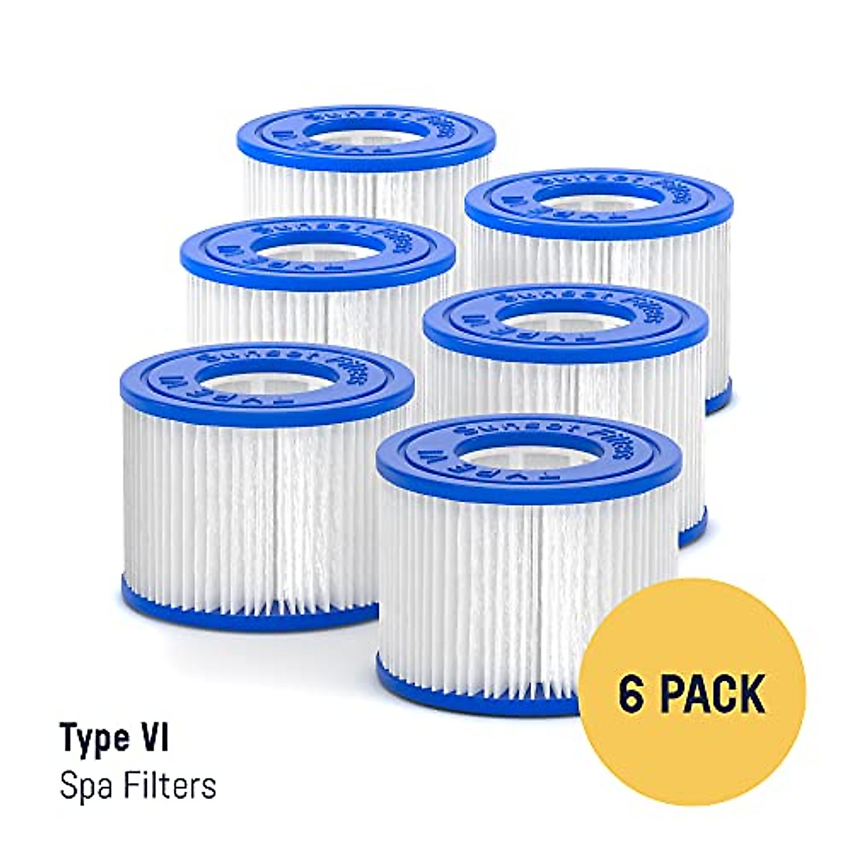SUNSET FILTERS Type VI Spa and Hot Tub Filter Replacement Cartridge - for Coleman SaluSpa Filters, Bestway Filter, Lay-Z Spa, Intex, S1 Filter Replacement, Spa Filter Replacement (6-Pack)
