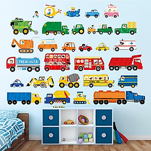 DECOWALL DS9-8064 Transport and Vehicles Wall Stickers Decals for Kids Toddler Bedroom décor car Boys Truck Construction Room Peel and Stick Excavator fire Truck Nursery Living Baby