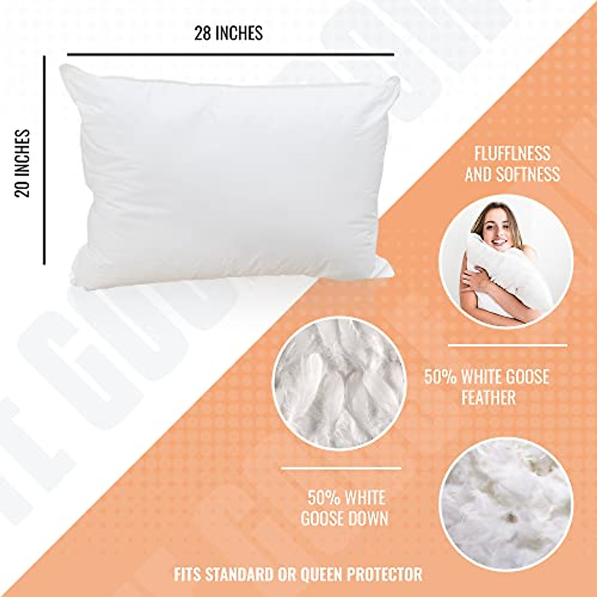 Continental Bedding - White Goose Feather Down Pillows - Standard Queen Size 20x28 Pillow Set of 2-100% Cotton Cover Soft Pillows - Best Down Feather Pillows for Side or Back Stomach Sleeper