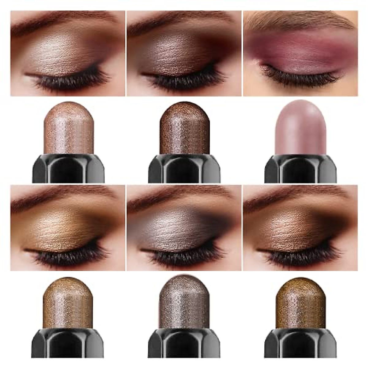 LUXAZA 6 PCS Neutral and Brown Metallic Eyeshadow Stick,Shimmer Cream Eyeshadow Pencil Crayon,Champagne Eye Brightener Stick Highlighter Makeup,Pro Waterproof & Long Lasting Eyeshadow Stick Sets