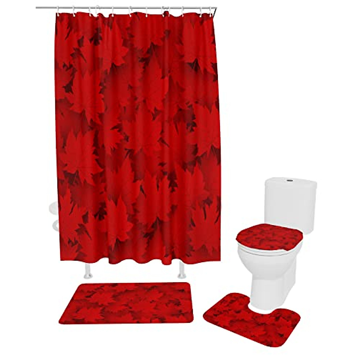 4 Pcs Shower Curtain Set with 12 Hooks Canada National Day Red Maple Leaves Bathroom Sets with Non-Slip Bath Mat Toilet Lid Cover Waterproof Durable Shower Curtain and Rugs