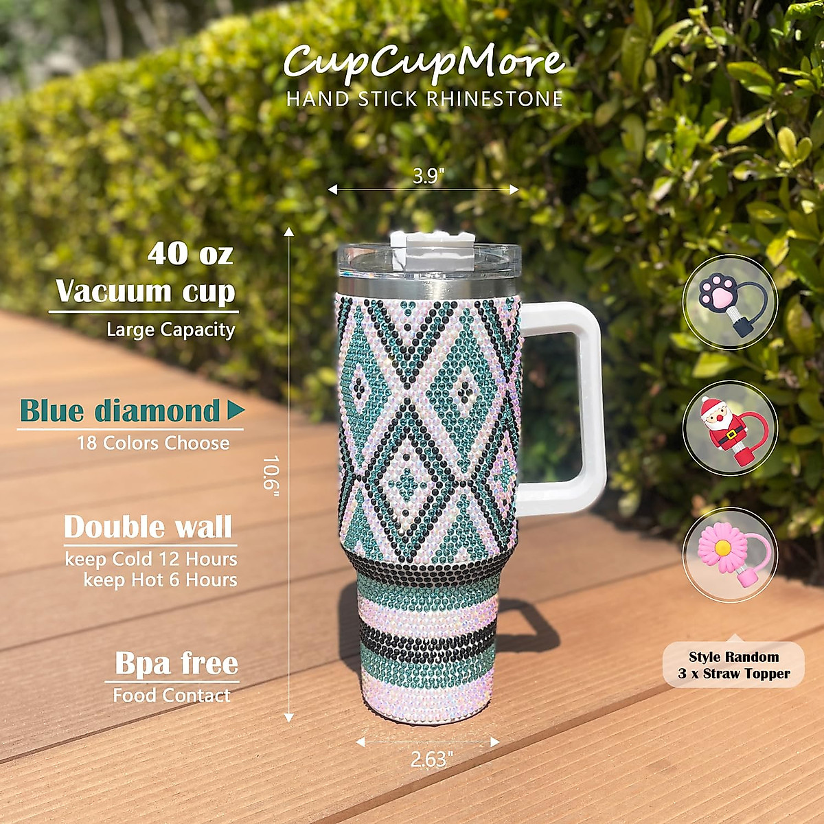 Cupcupmore 40oz Blue Diamond Bling Rhinestone Stainless Steel Sippy Tumbler Glitter Vacuum Insulated Water Bottle with Straw & Lid &Handle,Thermos for Hot & Cold Drinks,Car Cup Holder,Coffee