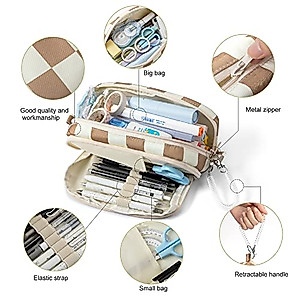 Joyask Large Capacity Canvas Pouch Storage Bag with Removable Spring Strap Checkerboard Plaid for Office Work Art (Brown White Plaid)