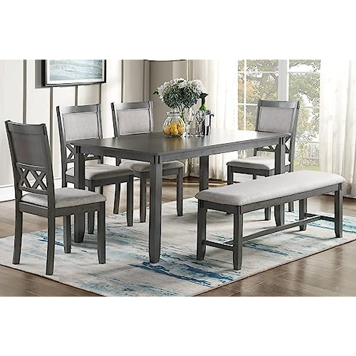 Batley Casual 6-Piece Dining Set with Bench in Solid Wood Grey Finish