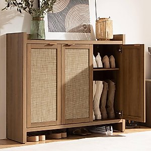 SICOTAS Rattan Shoe Storage Cabinet, 30 Pairs Shoe Cabinet Storage for Entryway, 6-Tier 41" Tall Shoe Cabinet Storage, Farmhouse Boho Storage Cabinet with Doors for Entryway Hallway Closet Living Room