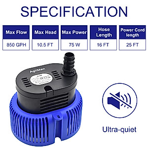 AgiiMan Pool Cover Pump Above Ground - Submersible Swimming Sump Inground Pump, Water Removal with 16' Drainage Hose and 25 Feet Power Cord, 850 GPH, 3 Adapters, Blue